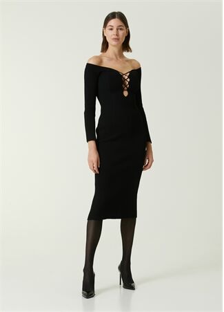 Khaite Kadın Siyah Kayık Yaka Midi Triko Elbise XS EU