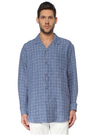 Pal Zileri Erkek Mavi Kamp Yaka Kareli Keten Gömlek 4 IT Pal Zileri Erkek Mavi Kamp Yaka Kareli Keten Gömlek 4 IT