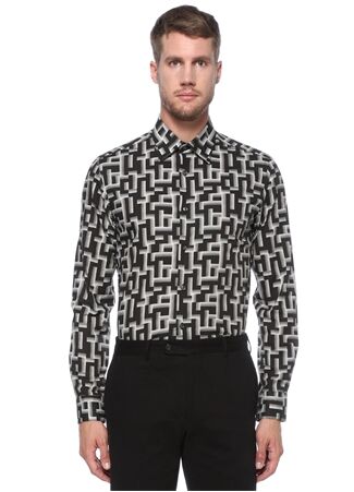 Pal Zileri Erkek Siyah Gri Klasik Yaka Geometrik Desenli Gömlek 40 IT