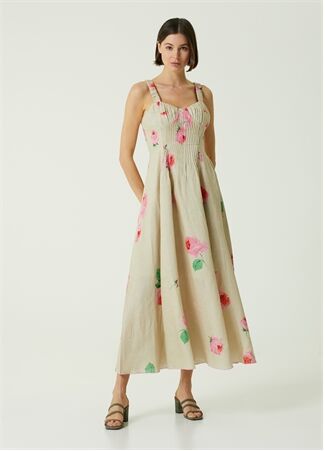 Gül Hürgel Kadın Krem Çiçek Desenli Midi Keten Elbise Bej S EU