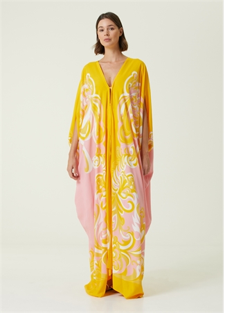 Emilio Pucci Mare Kadın Sarı Pembe Desenli Maksi Kaftan EU Emilio Pucci Mare Kadın Sarı Pembe Desenli Maksi Kaftan EU