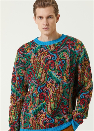Etro Erkek Mavi Etnik Desen Jakarlı Yün Kazak M EU