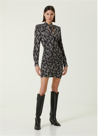Isabel Marant Kadın Siyah Etnik Desenli Drapeli Mini Elbise 34 FR Isabel Marant Kadın Siyah Etnik Desenli Drapeli Mini Elbise 34 FR