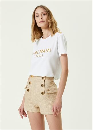 Balmain Kadın Beyaz Gold Bisiklet Yaka Logolu T-shirt S EU