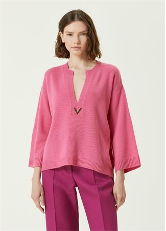 Valentino Kadın VLogo Pembe V Yaka Kaşmir Kazak L EU