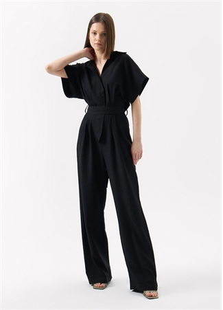 Wabi Sabi Kadın Liya Siyah Bel Vurgulu Keten Tulum S