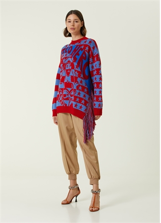 Stella McCartney Kadın Mavi Kırmızı Jakarlı Püsküllü Yün Kazak 38 IT