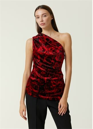 Dries Van Noten Kadın Kırmızı Gül Desenli Tek Omuzlu Bluz 38 IT
