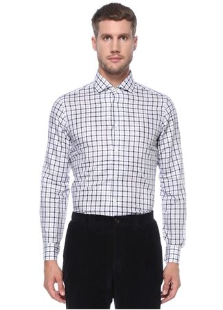 Pal Zileri Erkek Mavi Beyaz Modern Yaka Kareli Keten Gömlek 38 IT