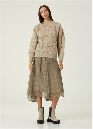 Brunello Cucinelli Kadın Bej Bisiklet Yaka Nakışlı Kazak XS EU