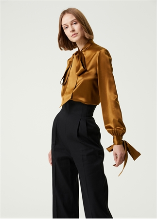 Kadın Kamel Bağlama Detaylı İpek Gömlek Kahverengi 38 IT