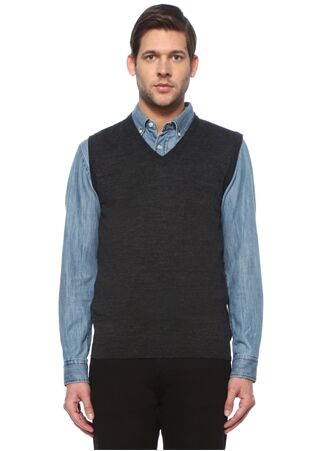 Palzileri Lab Erkek Koyu Gri V Yaka Kolsuz Yün Triko 50 IT