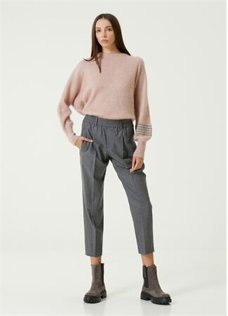 Brunello Cucinelli Kadın Gri Pili Detaylı Yün Pantolon 42 IT