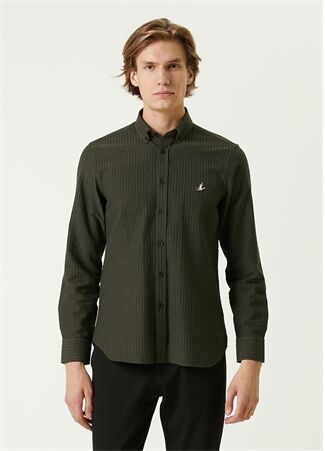 Beymen Club Erkek Slim Fit Haki Düğmeli Yaka Gofre Dokulu Gömlek XS