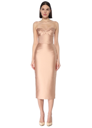 Rasario Kadın Altın Rengi İnce Askılı Midi Kokteyl Elbise Pembe 36 IT
