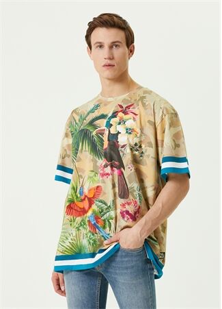 Etro Erkek Bej Bisiklet Yaka Tropikal Desenli T-shirt L EU