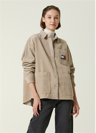 Tommy Jeans Kadın Oversize Bej Cepli Kadife Gömlek L EU Tommy Jeans Kadın Oversize Bej Cepli Kadife Gömlek L EU