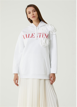 Valentino Kadın Beyaz Kapüşonlu Çiçek Aplikeli Sweatshirt Kırmızı S EU Valentino Kadın Beyaz Kapüşonlu Çiçek Aplikeli Sweatshirt Kırmızı S EU