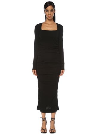 Ganni Kadın Siyah Kare Yaka Drapeli Uzun Kol Midi Elbise 38 FR