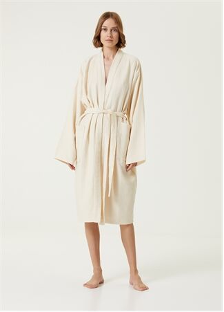 Blanc Krem Şal Yaka Kadın Kimono Bornoz Bej