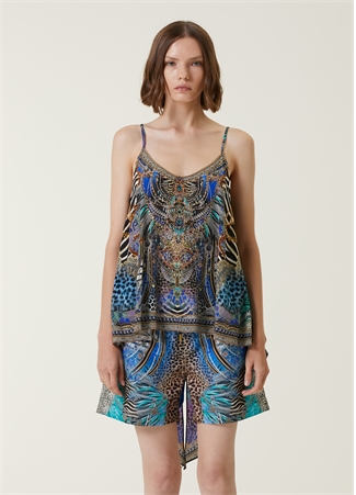 Camilla Kadın Mavi Desenli İşlemeli İpek Bluz S EU