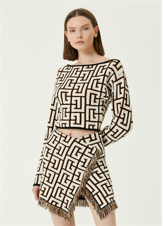 Balmain Kadın Ekru Siyah Düşük Omuzlu Jakarlı Crop Kazak 36 FR Balmain Kadın Ekru Siyah Düşük Omuzlu Jakarlı Crop Kazak 36 FR