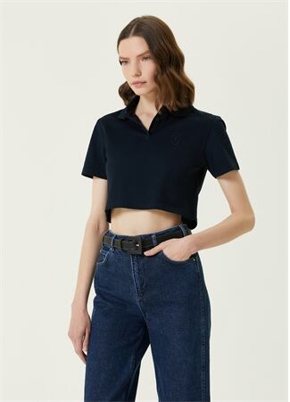 Kadın Lacivert Polo Yaka Crop T-shirt Xs Eu