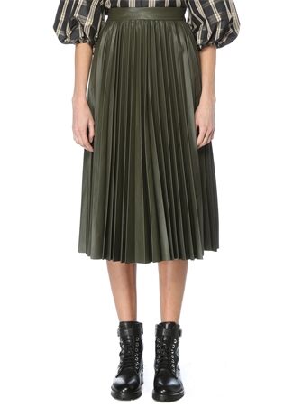 Red Valentino Kadın Haki Yüksek Bel Pilili Midi Deri Etek Yeşil 42 IT