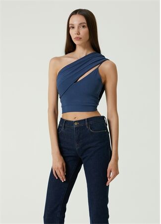 Lama Jouni Kadın Mavi Asimetrik Crop Bluz XS EU