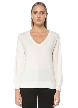 Tru Kadın Beyaz V Yaka Düşük Kol Sweatshirt M/L EU