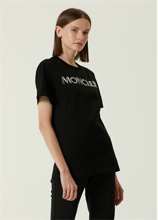 Moncler Kadın Siyah Metalik Logolu T-shirt S EU
