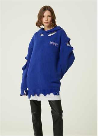 Balenciaga Kadın Oversize Mavi Kapüşonlu Yıpratmalı Sweatshirt S EU Balenciaga Kadın Oversize Mavi Kapüşonlu Yıpratmalı Sweatshirt S EU