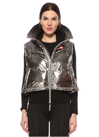 Jet Set Kadın Metalik Silver Kapüşonlu Puff Yelek Gri 3 EU