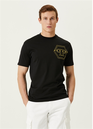 Philipp Plein Erkek Siyah Sarı Taş İşlemeli Logo Detaylı T-shirt L EU