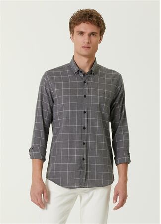 Beymen Club Erkek Slim Fit Gri Ekoseli Organik Pamuk Gömlek S