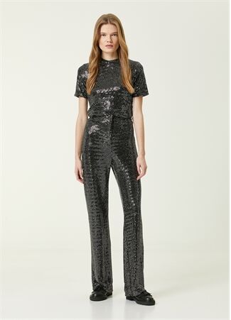 Les Benjamins Kadın Siyah Trok Detaylı Wide Leg Pantolon L EU