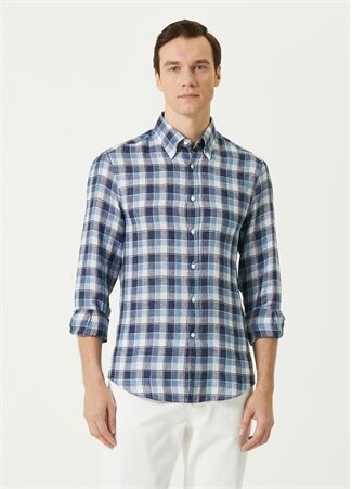 Brunello Cucinelli Erkek Mavi Kareli Keten Gömlek S EU