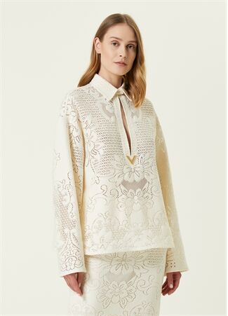 Valentino Kadın VGold Ekru Gömlek Yaka Dantel Bluz Beyaz 42 IT