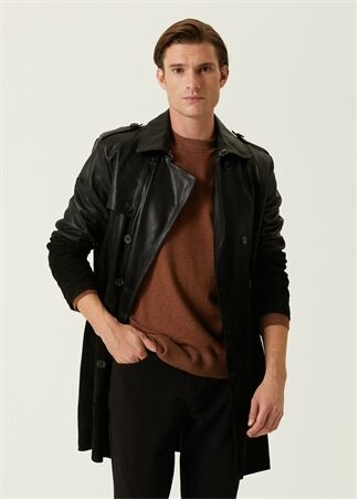 Network Erkek Slim Fit Siyah Deri Pardösü M EU