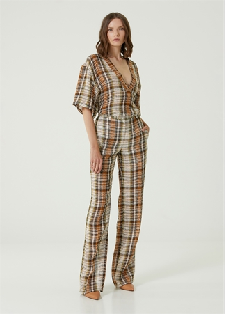 Victoria Beckham Kadın Bej Ekoseli Bol Paça Keten Pantolon 0 US Victoria Beckham Kadın Bej Ekoseli Bol Paça Keten Pantolon 0 US