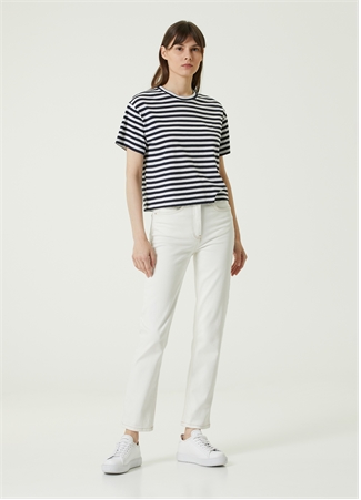 Tru Kadın Lacivert Beyaz Bisiklet Yaka Çizgili T-shirt M/L EU Tru Kadın Lacivert Beyaz Bisiklet Yaka Çizgili T-shirt M/L EU