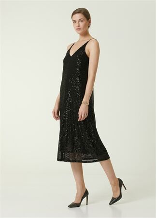 Beymen Club Kadın Siyah V Yaka İşlemeli Midi Kokteyl Elbise 34