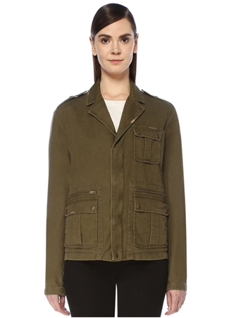 Kadın Haki Kelebek Yaka Apoletli Denim Ceket 40 IT