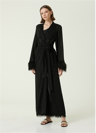 Oseree Kadın Siyah Simli Tüy Detaylı Kaftan EU