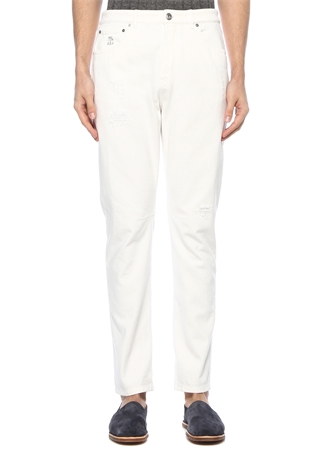 Brunello Cucinelli Erkek Beyaz Normal Bel Dar Paça Jean Pantolon 46 IT