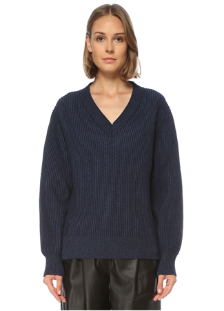 Academia Kadın Lacivert V Yaka Çizgi Dokulu Yün Triko S