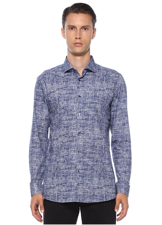 Palzileri Lab Erkek Mavi Açık Yaka Geometrik Desenli Gömlek 42 IT
