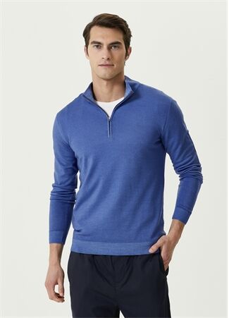 Pal Zileri Erkek Saks Yakası Fermuarlı Yün Kazak Mavi 58 It