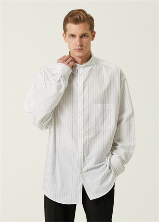 Balenciaga Erkek Beyaz Çizgili Logo Baskılı Düğmeli Yaka Gömlek 38 IT