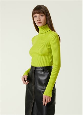 VETEMENTS Kadın Neon Sarı Balıkçı Yaka Ribli Yün Kazak M EU